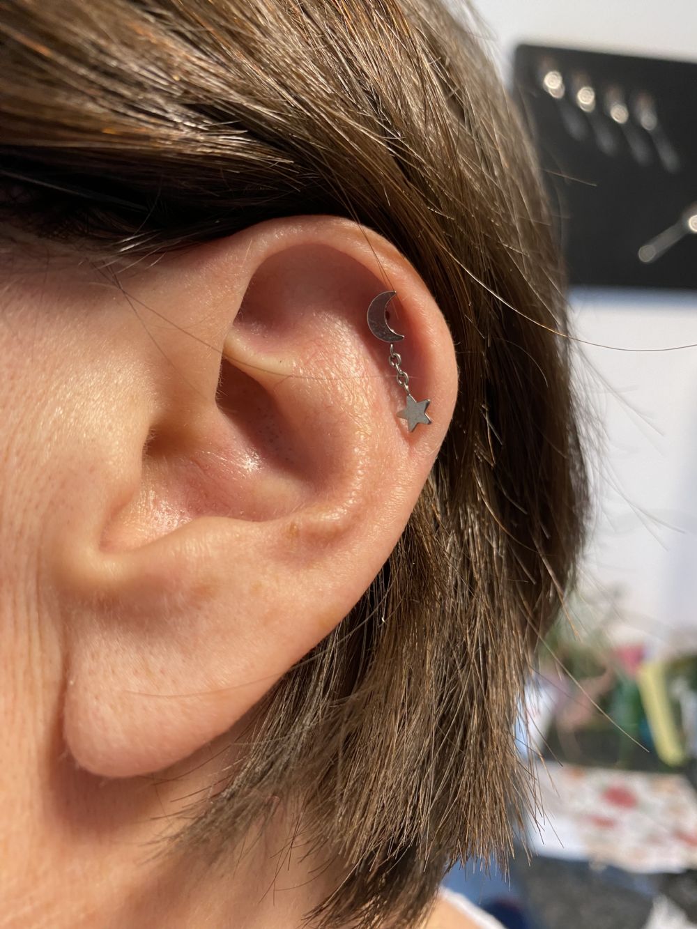 Titanium Moon & Star Dangle Labret Lobe Helix Piercings